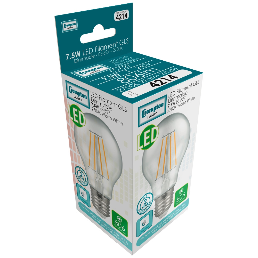 4214 - LED GLS Filament Clear 7.5W Dimmable 2700K ES-E27 - Crompton ... 4214 - LED GLS Filament Clear 7.5W Dimmable 2700K ES-E27 - Crompton ...